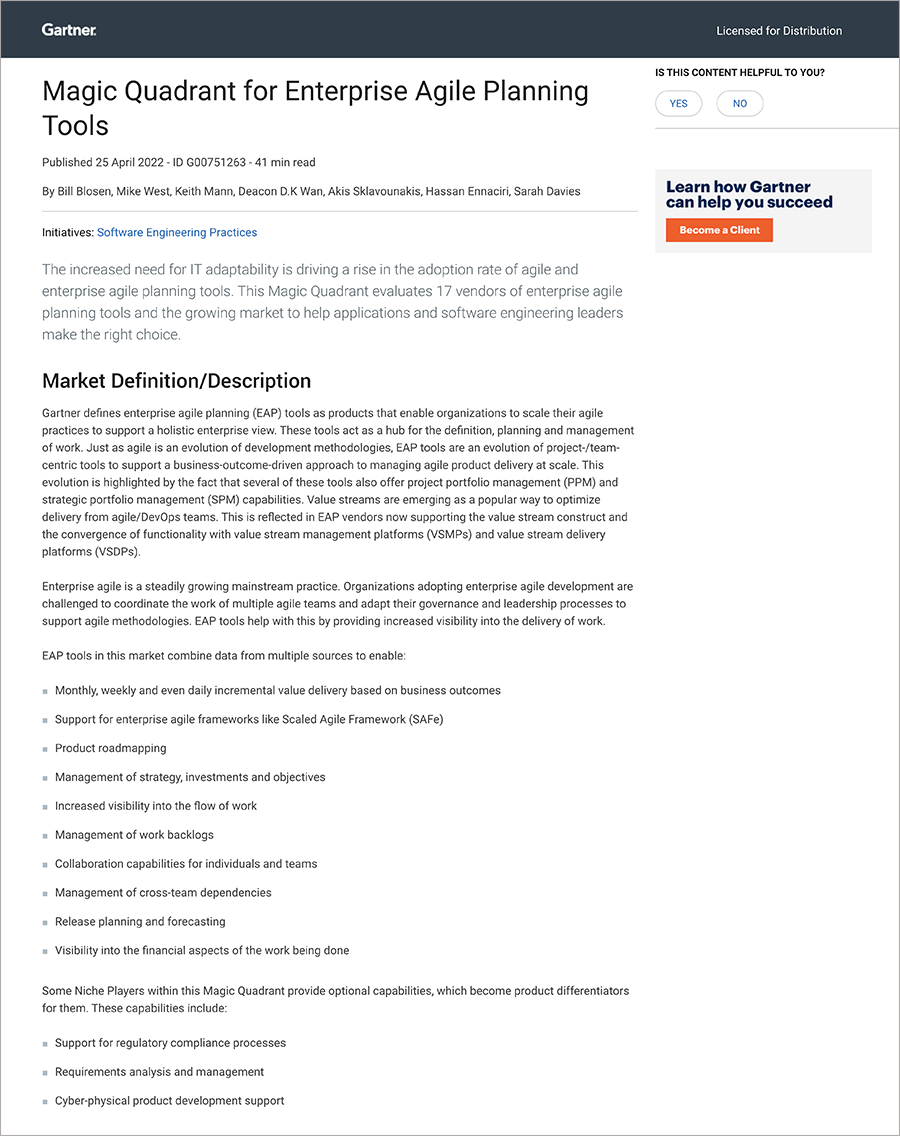 2022 Gartner Magic Quadrant Enterprise Agile Planning Tools Report
